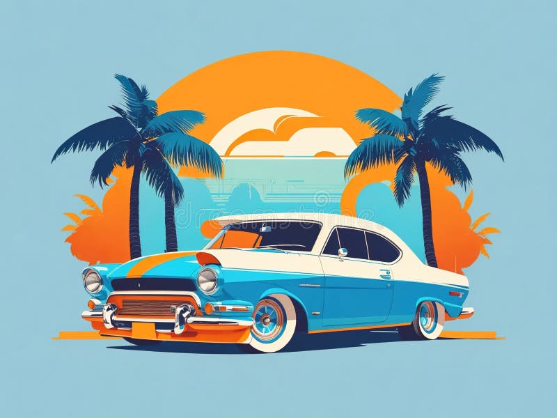 Retro Revival: Classic Car in Vibrant Miami Streets Stock Illustration ...
