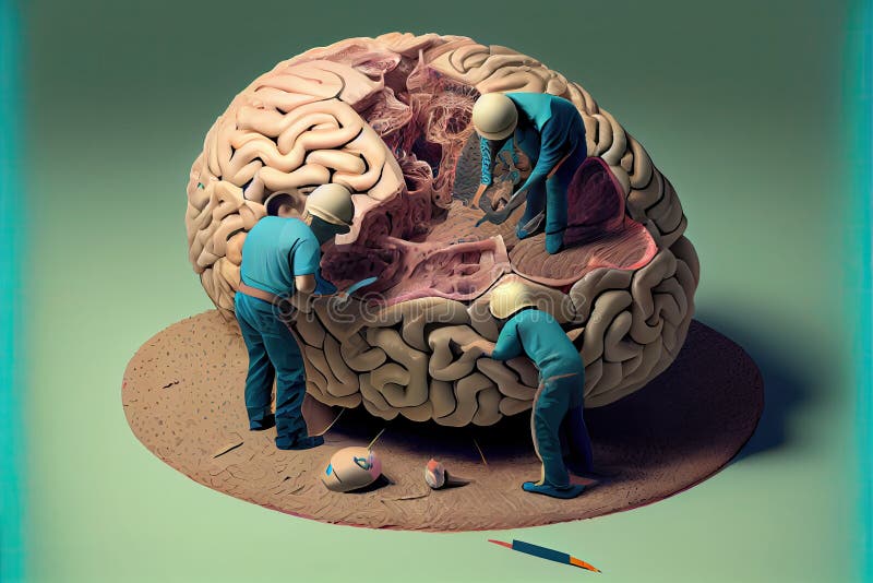 Workers Constructing a Brain. AI Art Generated Stock Illustration ...