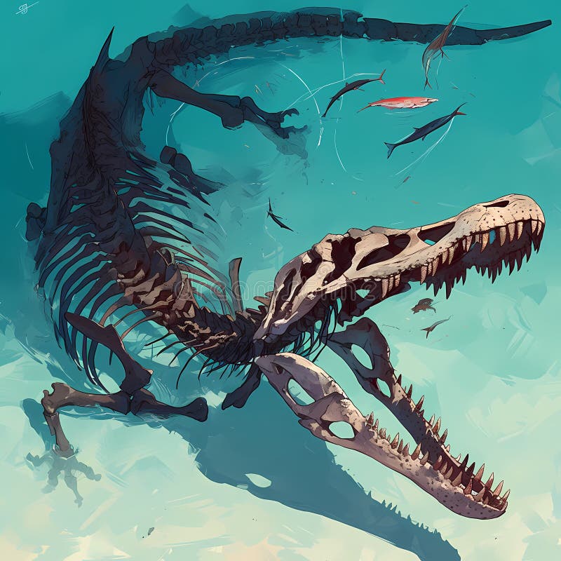 Vivid Baryonyx Skeleton in Dazzling Turquoise Sea Stock Illustration ...