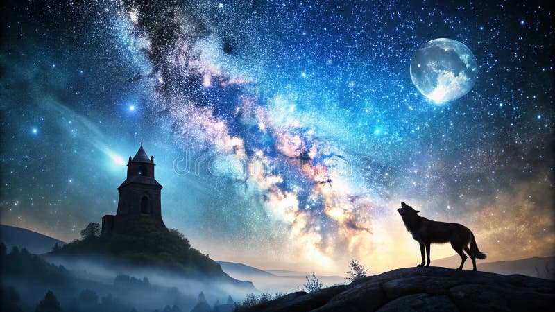 Majestic Wolf Howl Under a Starry Night Sky a Solitary Architectural ...