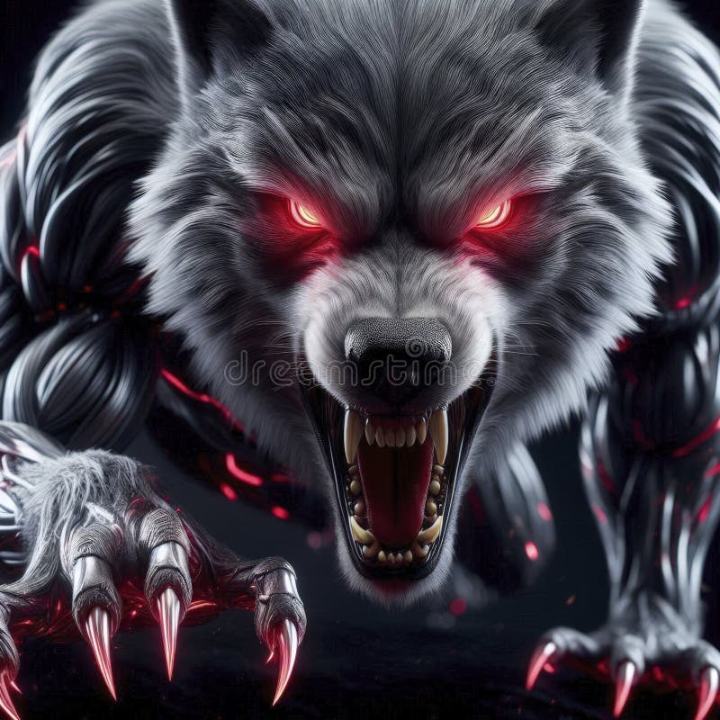 Hyper Realistic Macro of a Fierce Wolf Growling with Sharp Red Eyes on ...