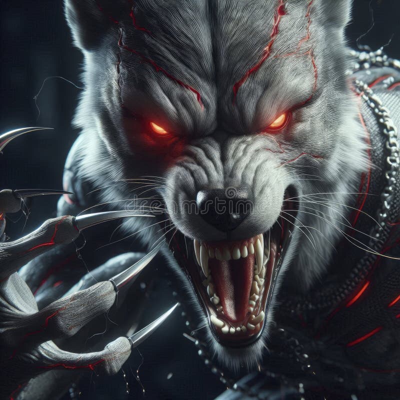 Hyper Realistic Macro of a Fierce Wolf Growling with Sharp Red Eyes on ...