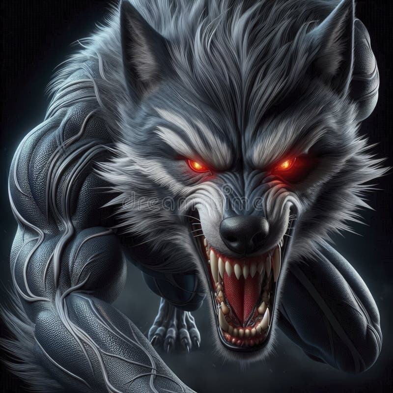 Hyper Realistic Macro of a Fierce Wolf Growling with Sharp Red Eyes on ...