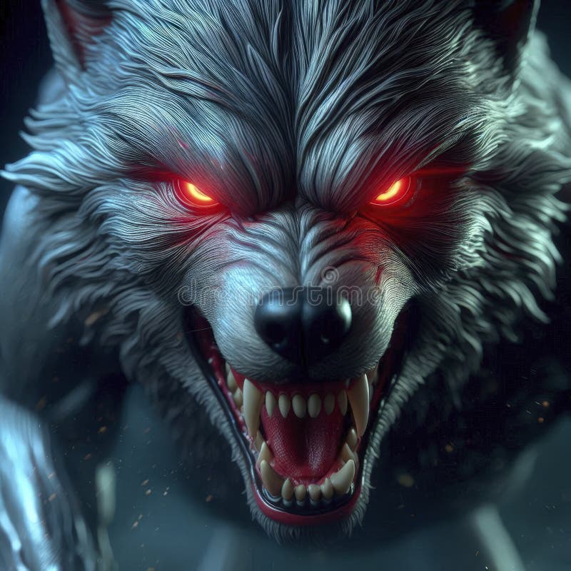 Hyper Realistic Macro of a Fierce Wolf Growling with Sharp Red Eyes on ...