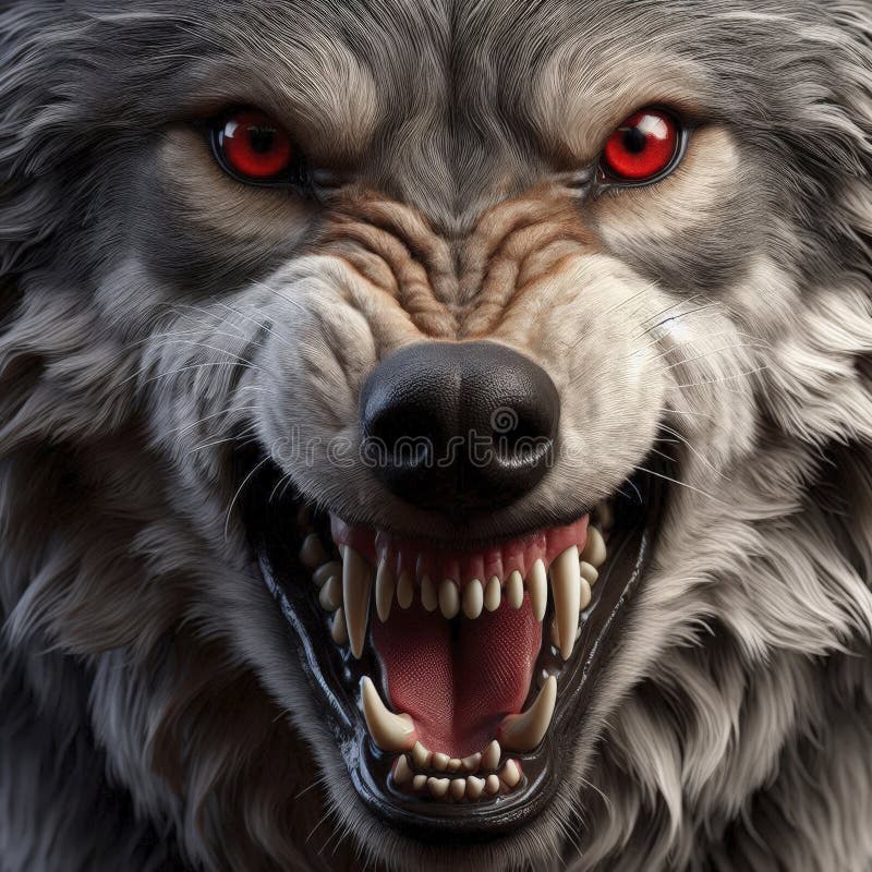 Hyper Realistic Macro of a Fierce Wolf Growling with Sharp Red Eyes on ...