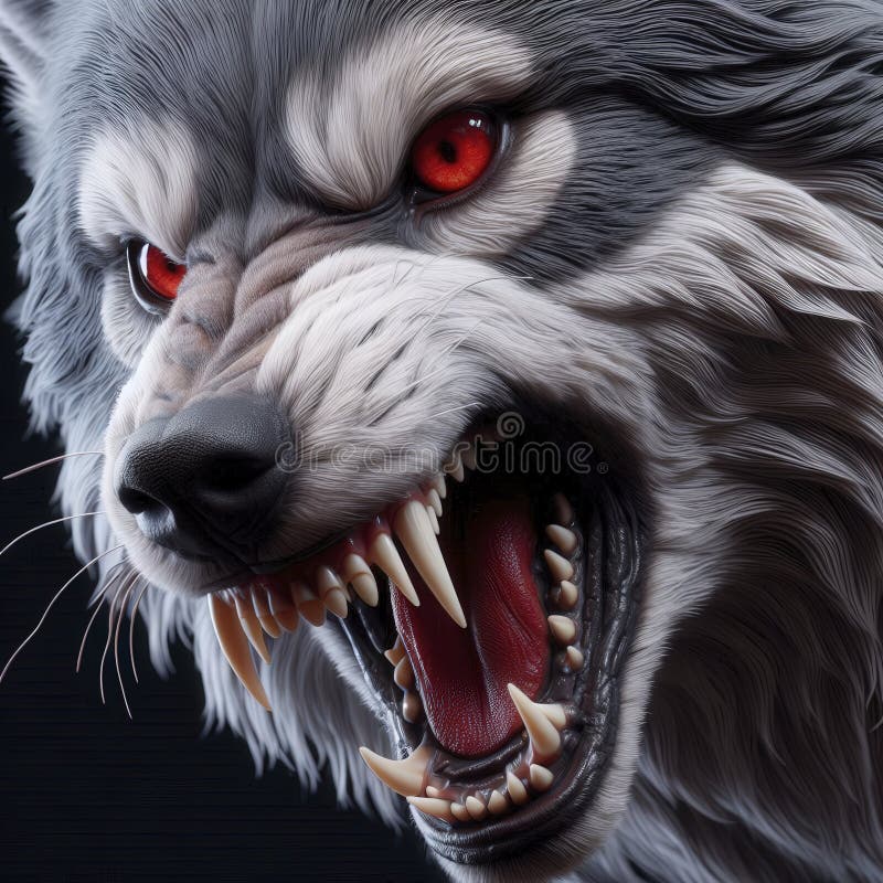 Hyper Realistic Macro of a Fierce Wolf Growling with Sharp Red Eyes on ...