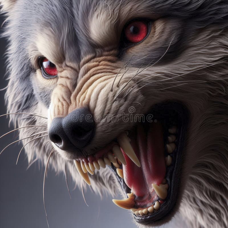 Hyper Realistic Macro of a Fierce Wolf Growling with Sharp Red Eyes on ...
