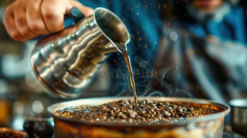 Brewing Rich Dark Coffee in a Traditional Turkish Ibrik with Roasted ...