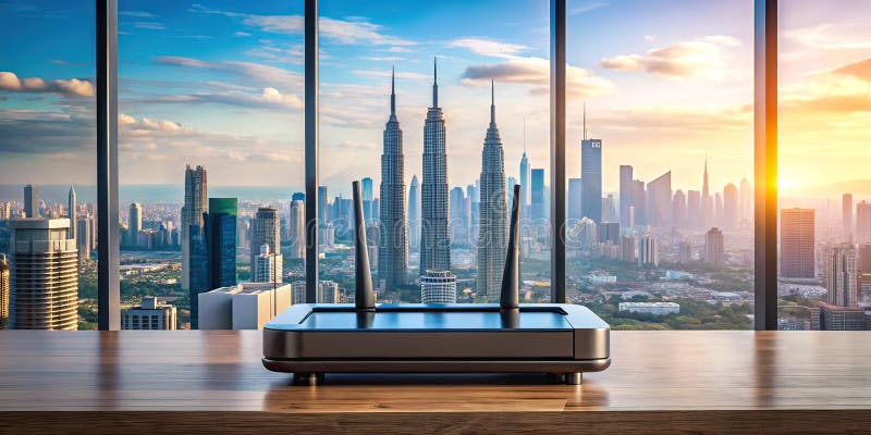 Stunning Cityscape View Modern Home Office Setup with Wireless Router ...