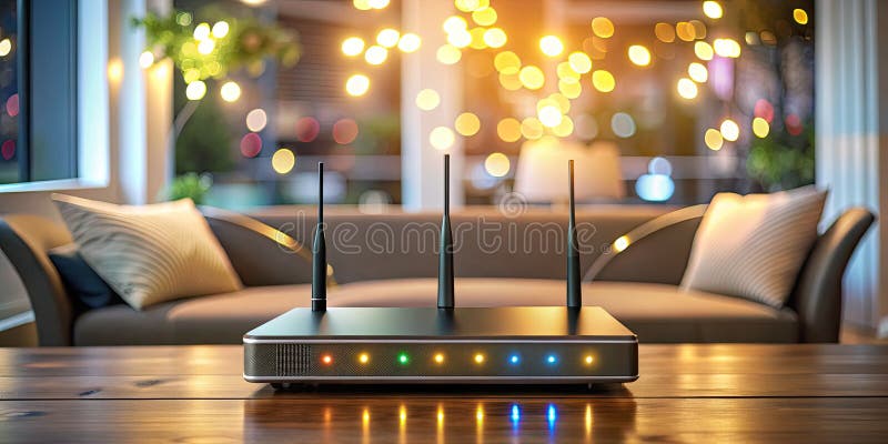 Sleek WiFi Router Illuminates Modern Living Room with Glowing Bokeh a ...