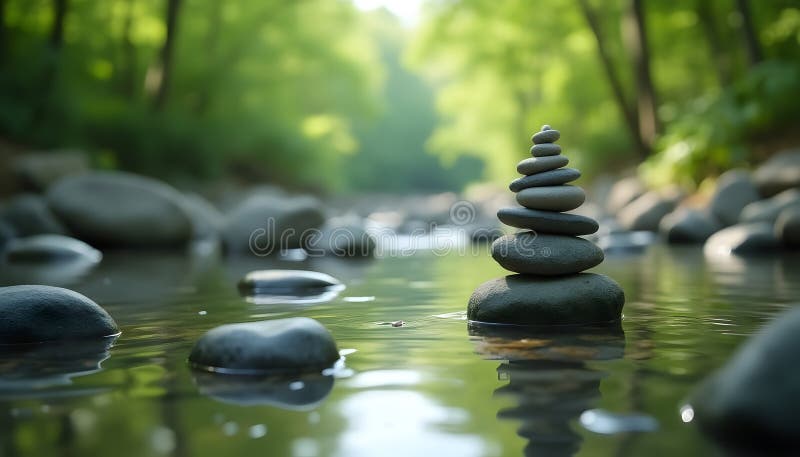Balanced Stone Stack in Tranquil Forest Stream Stock Illustration ...