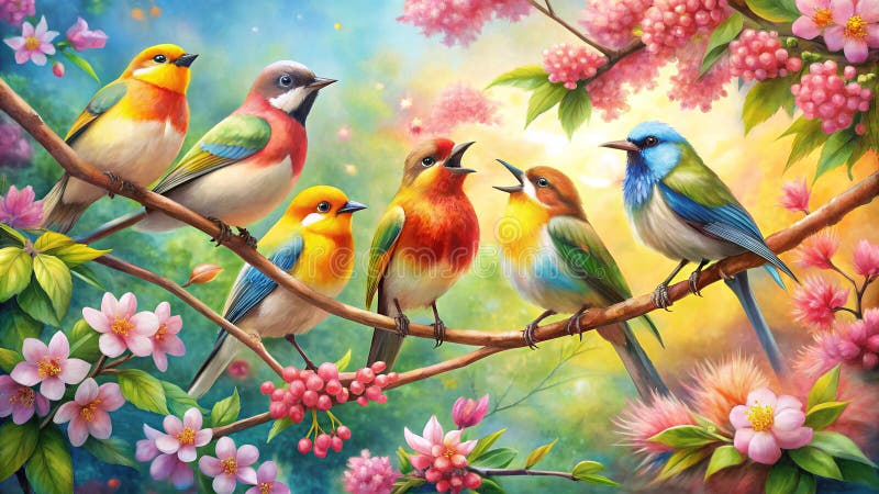 A Symphony of Spring Colorful Birdsong on a Blossoming Branch Stock ...