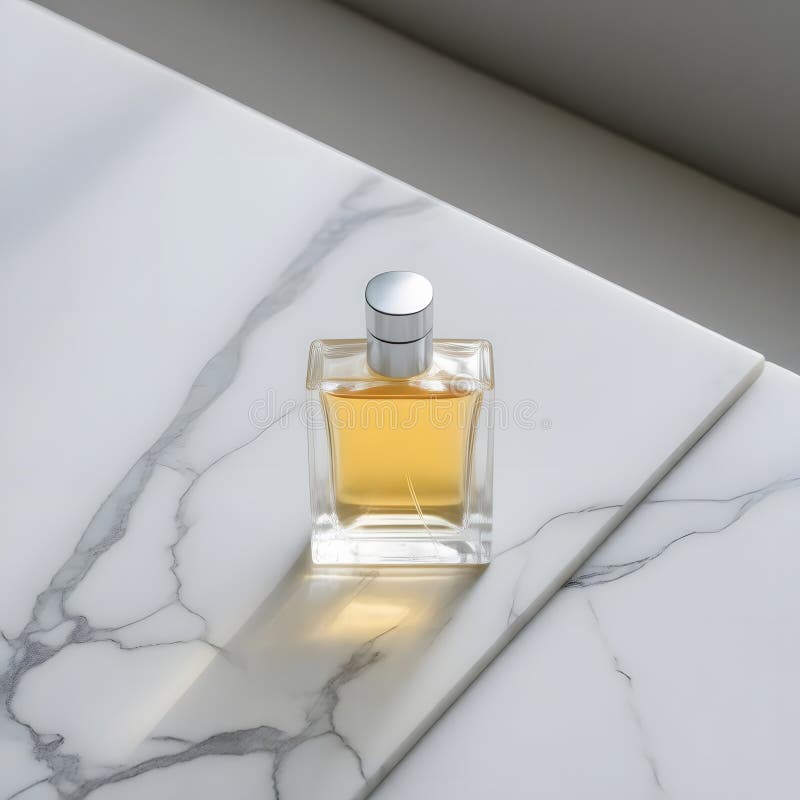 Serene Elegance Perfume Bottle on White Marble, Embracing Warmth Stock ...