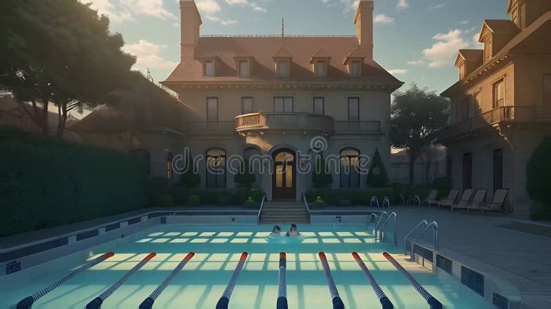 Luxurious Poolside Retreat: Looping Animation of Large House with Pool ...
