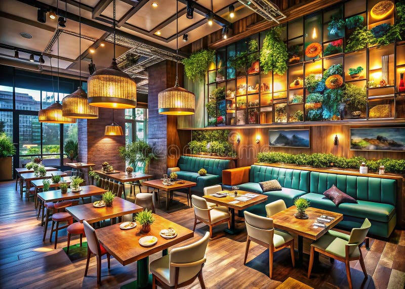 Elevated Perspective of a Modern Restaurant Warm Ambiance Stylish ...