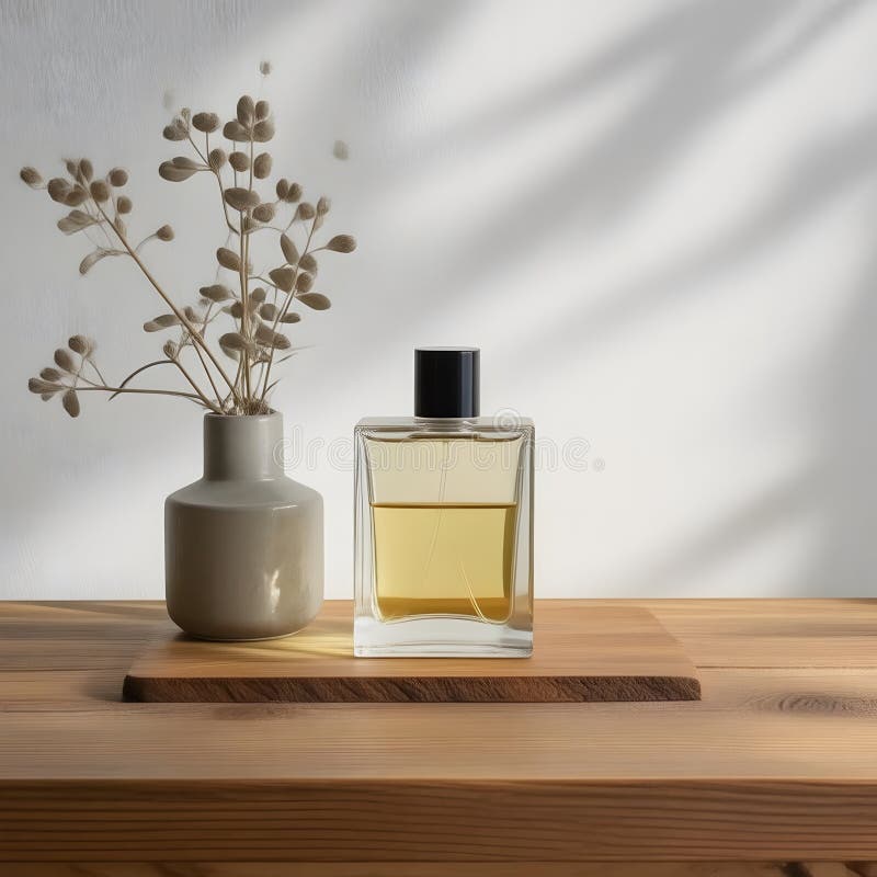 Subtle Elegance Wooden Display of Natural Perfume Bottle Stock ...