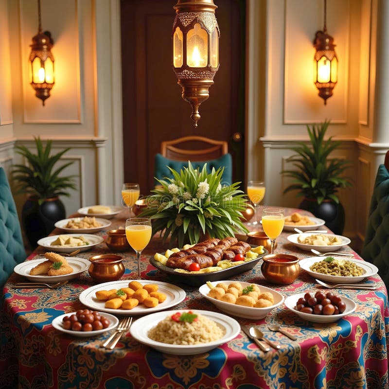 Iftar Table with Traditional Middle Eastern Dishes and Refreshing ...
