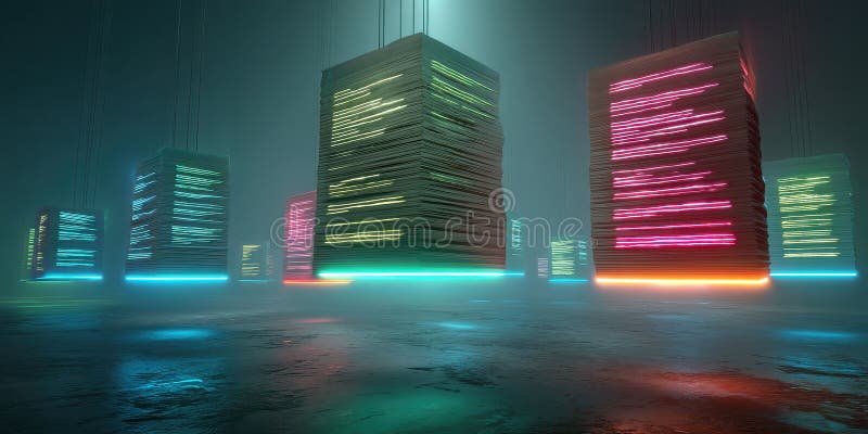 Futuristic Digital Art of Floating Text Blocks in Dark Neon Setting ...