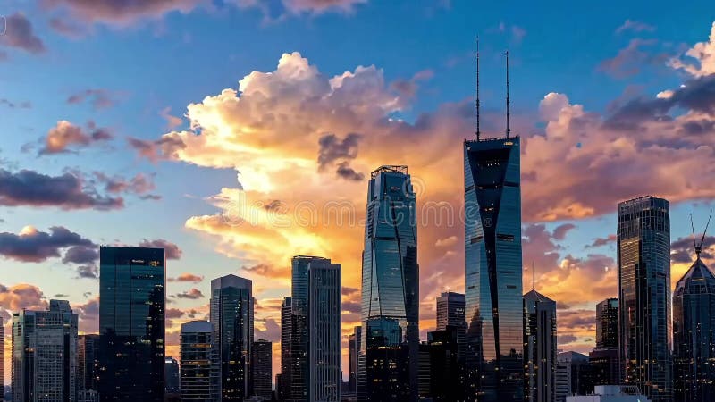4K Hyperlapse of Clouds Over Modern City Skyline during Golden Hour ...