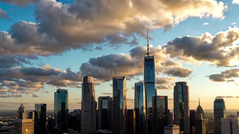 4K Hyperlapse of Clouds Over Modern City Skyline during Golden Hour ...