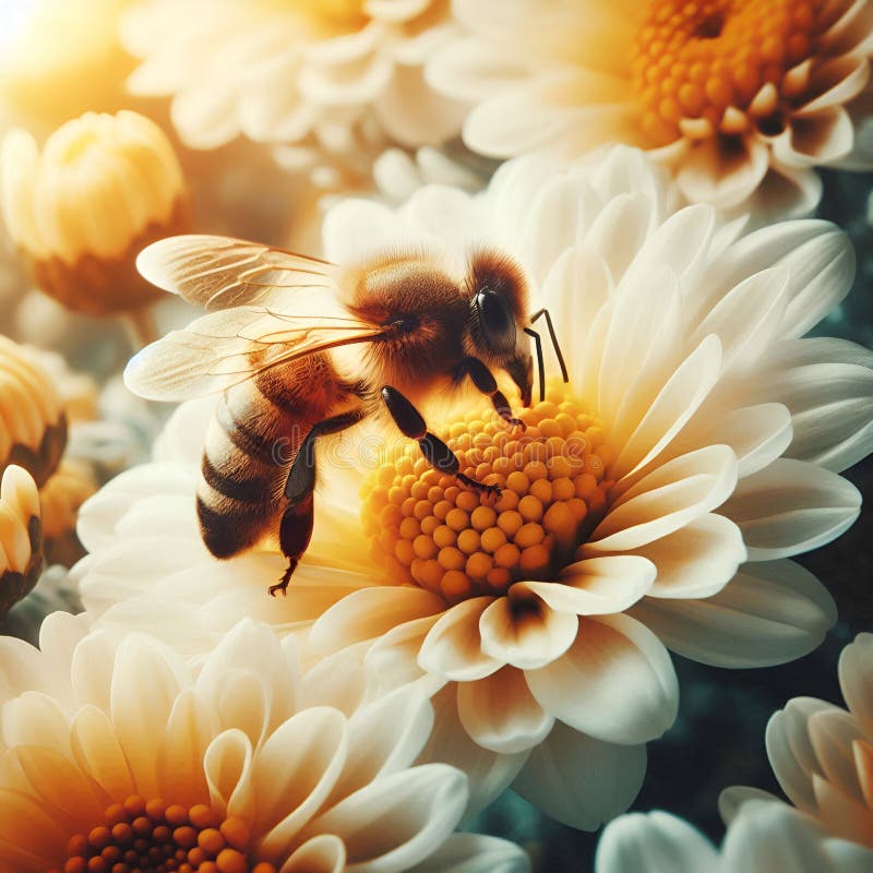 Nature S Harmony: Bees Pollinating Beautiful White Chrysanthemums. Stock Illustration ...