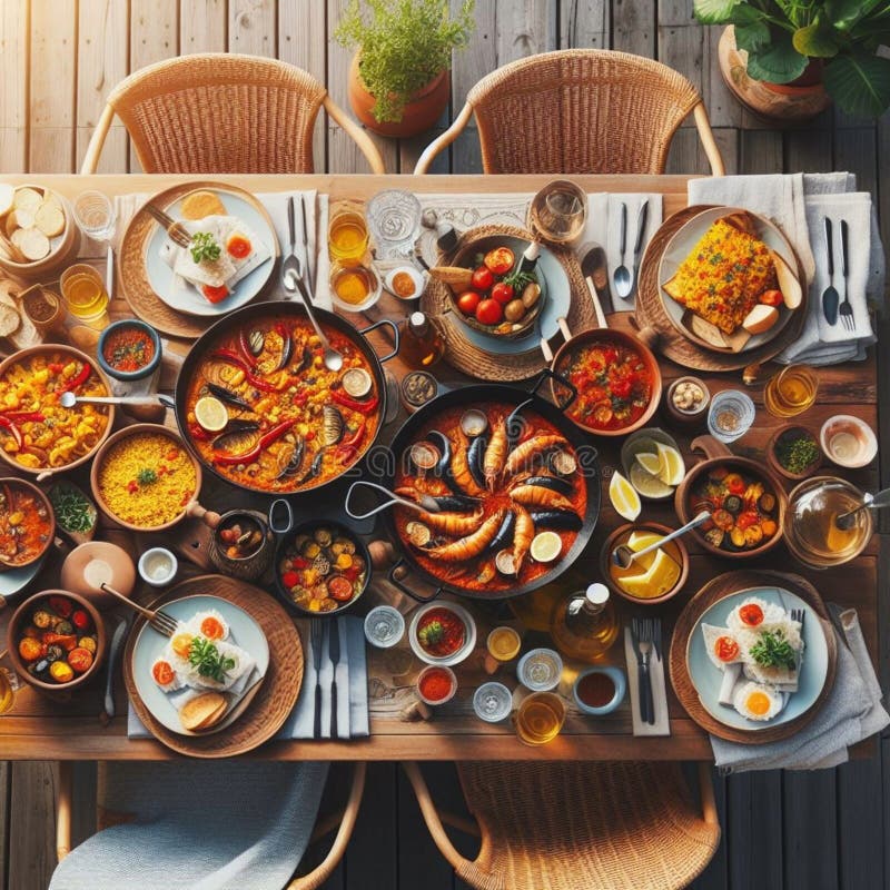 Spanish Style Outdoor Dining: Paella and Authentic Dishes on Wooden ...