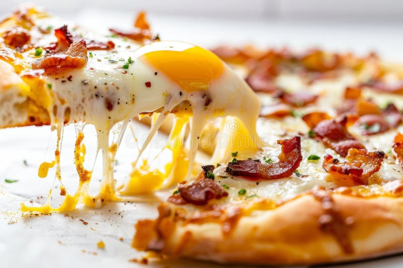 Close-up of a Delicious Breakfast Pizza Slice with Melting Cheese and ...