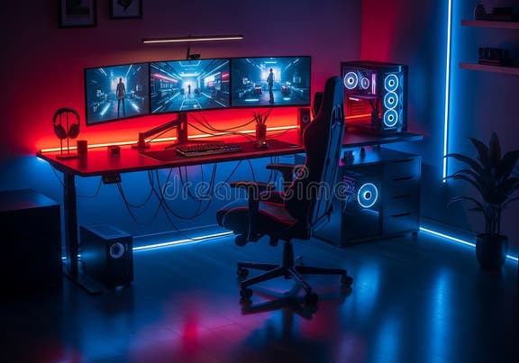 Immersive Gaming Setup with Multiple Monitors and Neon Led Lighting for ...