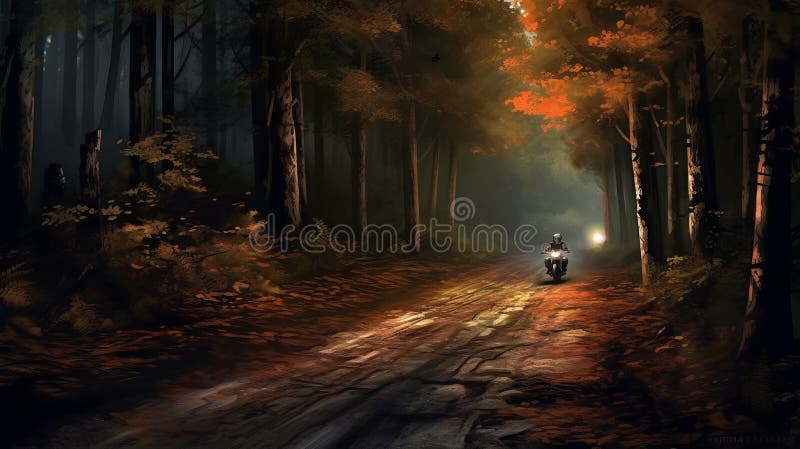 Title: “Night Ride in the Woods: a Motorcyclist’s Journey Stock ...