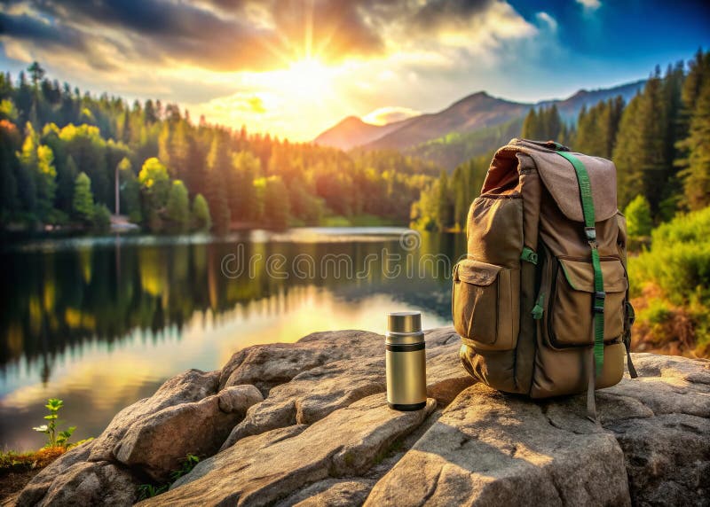 Conquer the Trail a Stunning Adventure Backpack Scene Featuring Hiking Essentials on a Rocky ...