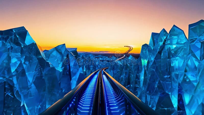 Thrilling Roller Coaster Ride through Neon Lit Ice Canyon at Sunset ...