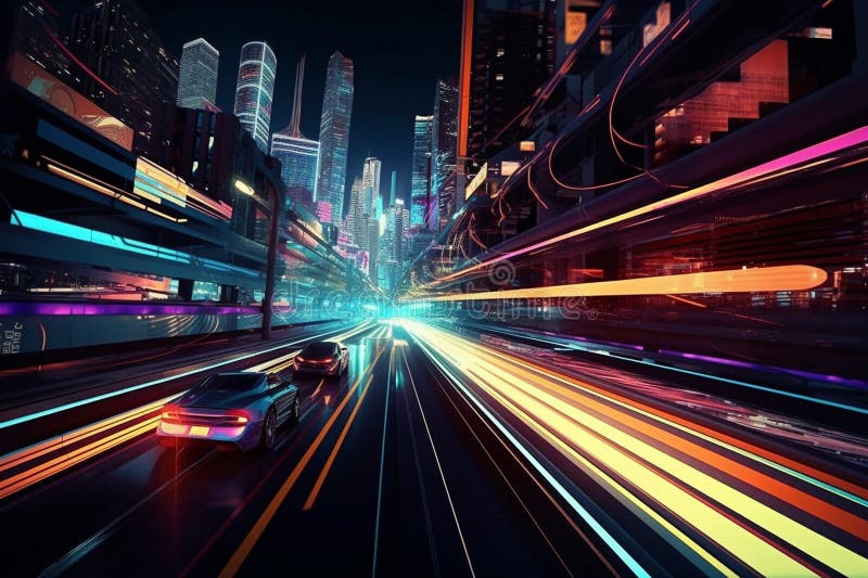 3D Rendering of a Car on the Road in the City at Night Concept of Speed ...