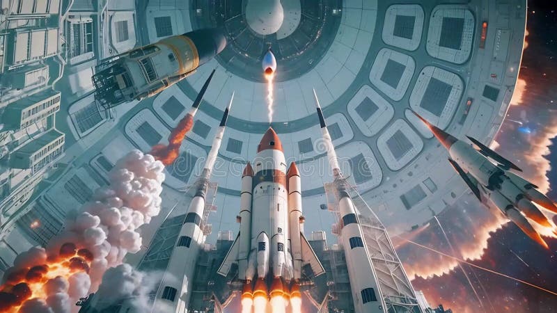 Rocket Launch at Spaceport: Liftoff with Bright Flames and Smoke ...