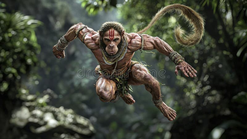 Dynamic Action of Hanuman Leaping through Lush Jungle Fantasy Art Epic ...