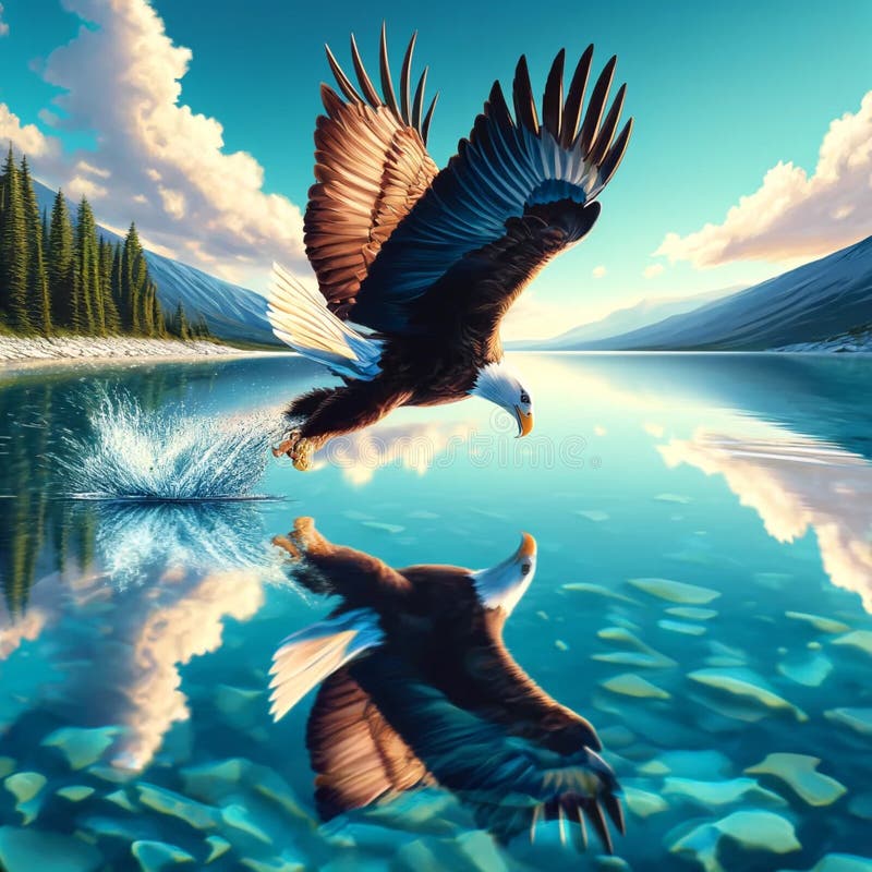 Tranquil Flight: Eagle S Reflection Dancing on Water Stock Illustration ...