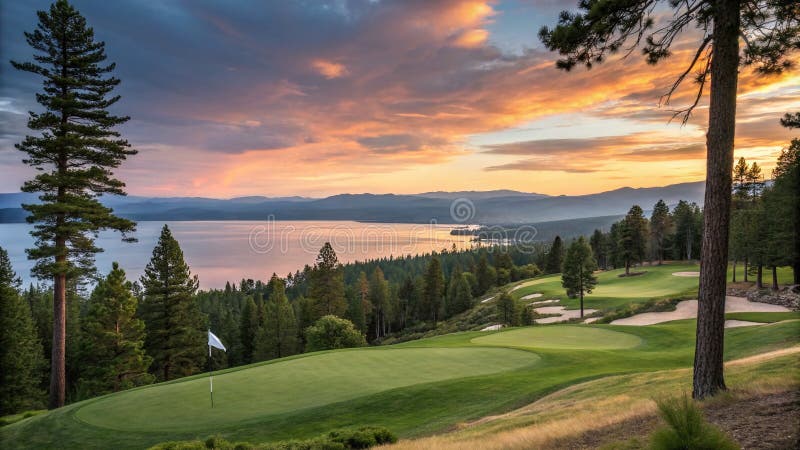 A Serene Sunset Over a Picturesque Golf Course Lush Pines Sparkling ...