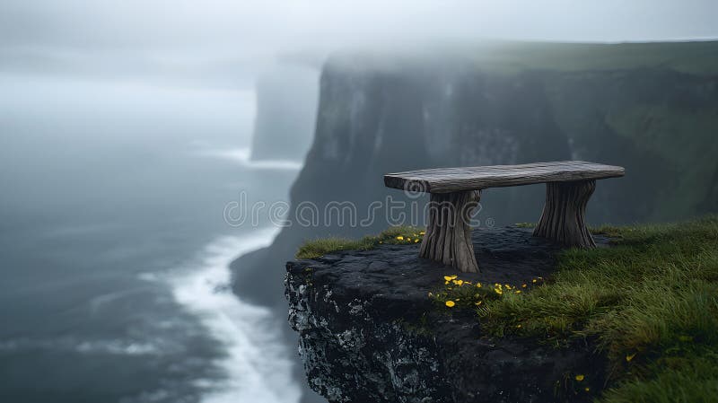 Rustic Hand-Carved Bench Perched on the Edge of a Seaside Cliff with ...
