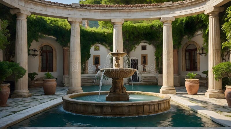 Tranquil Greek Courtyard with Elegant Ionic Columns and a Serene Water ...