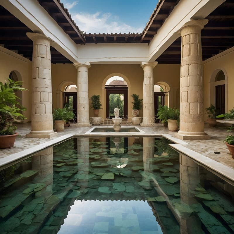 Peaceful Greek Courtyard Featuring Classic Ionic Columns and a Soothing ...