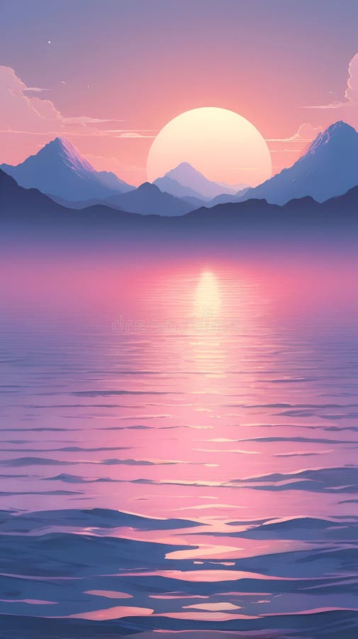 Pastel Sunset View in a Calm Ocean Stock Illustration - Illustration of ...