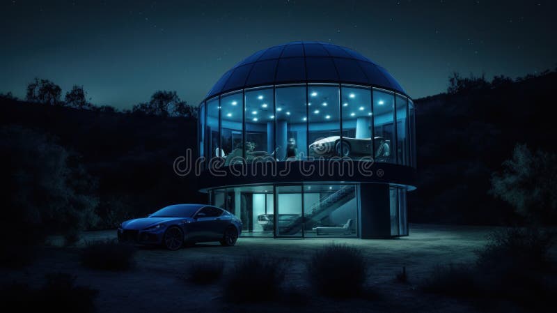 Cylindrical Home with Rooftop Observatory and Space Car Stock ...