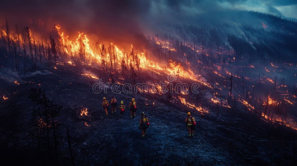 A Dramatic Scene of Firefighters Battling a Raging Wildfire. the ...