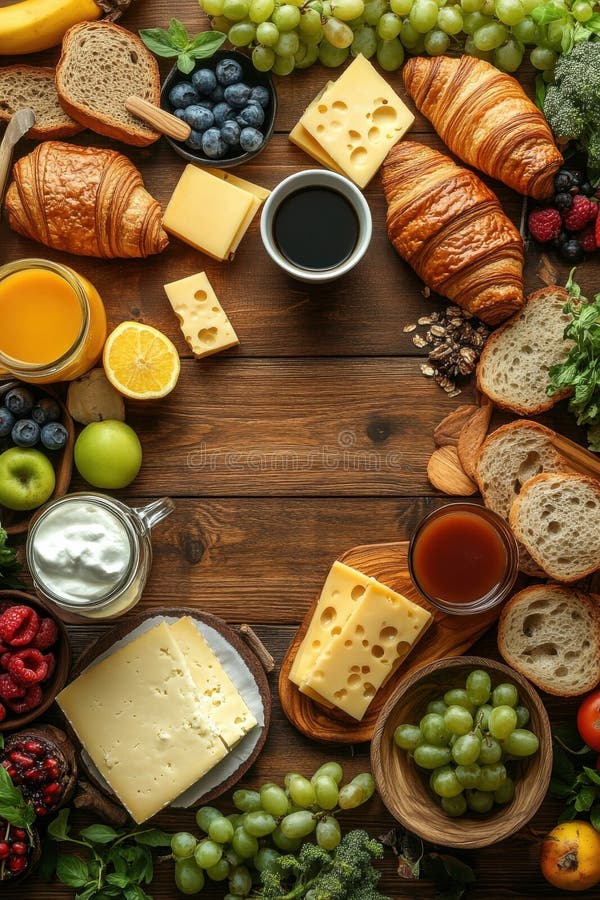 Delicious Brunch Spread with Cheese Fruits and Breads on Rustic Table ...
