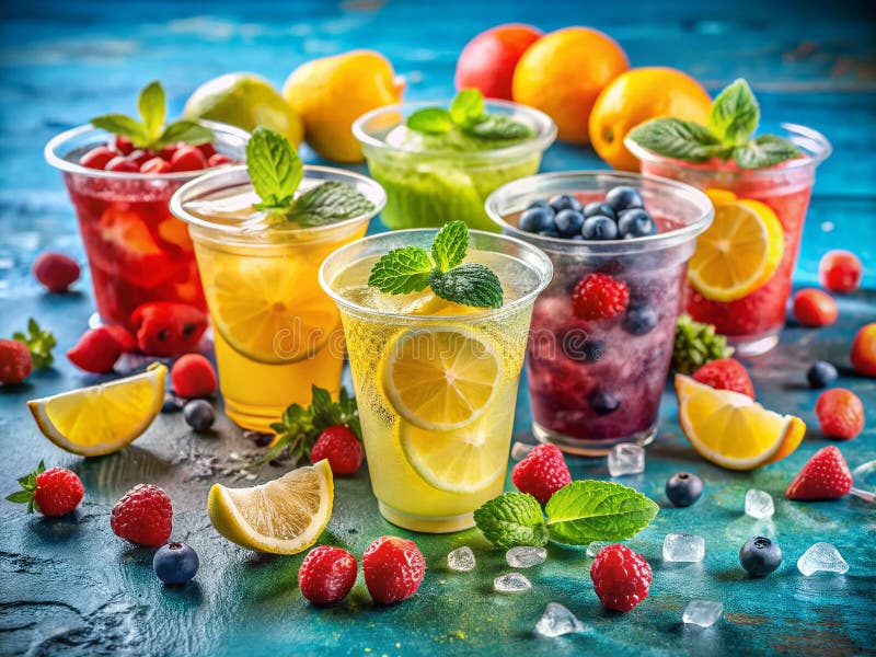 Vibrant Summer Lemonade Refreshing Colorful Beverage in Plastic Cups ...