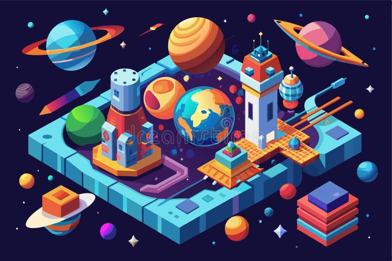 Experience a Vibrant Isometric View of Outer Space Featuring Planets ...