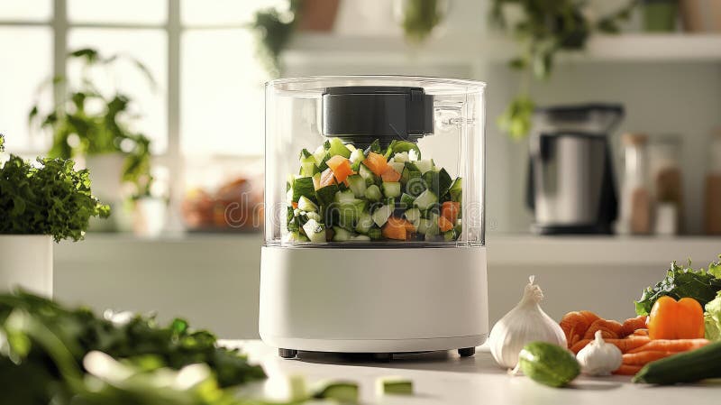 Chopping Fresh Vegetables with Food Processor in Modern Kitchen Healthy ...