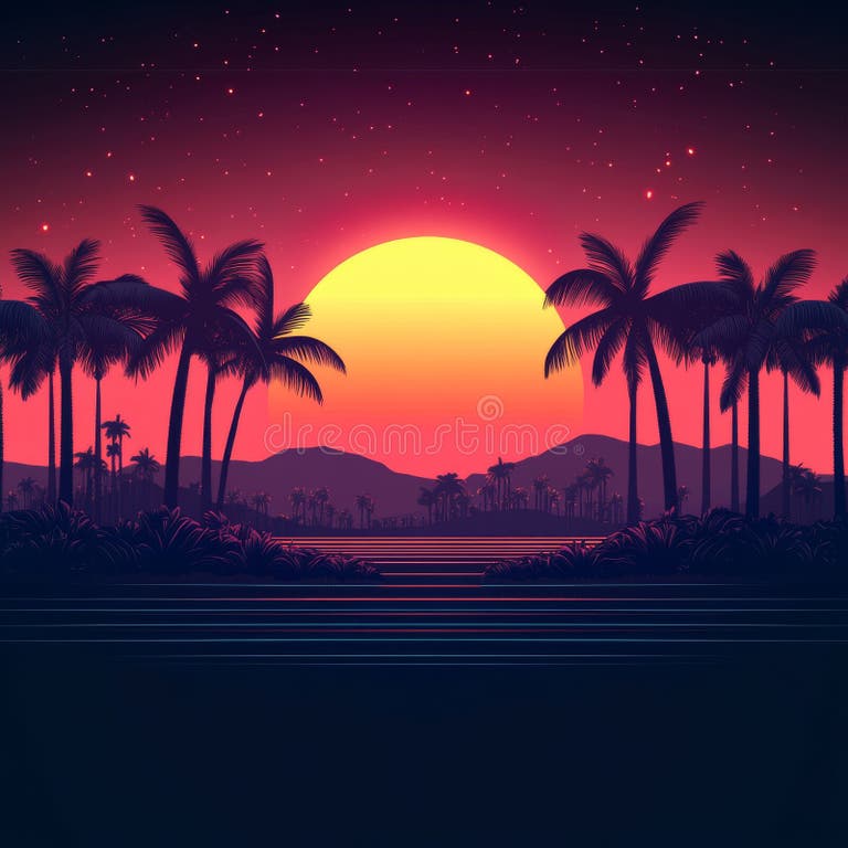 Experience the Vivid Retro Synthwave Landscape at Dusk Stock Image ...