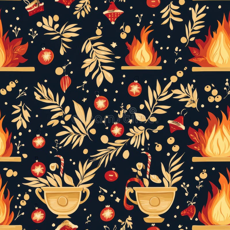 Cozy Fireplaces Seamless Pattern Design Stock Illustration ...