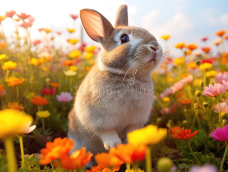 Energetic Rabbit Amidst a Colorful Spring Oasis Stock Illustration ...