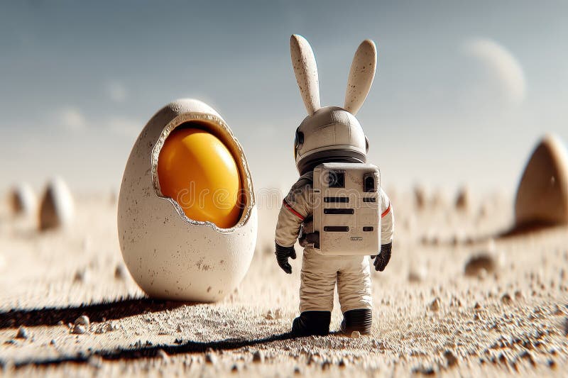 Hazy Stardust Scene with Shimmering Astronaut and Floating Yellow Egg ...